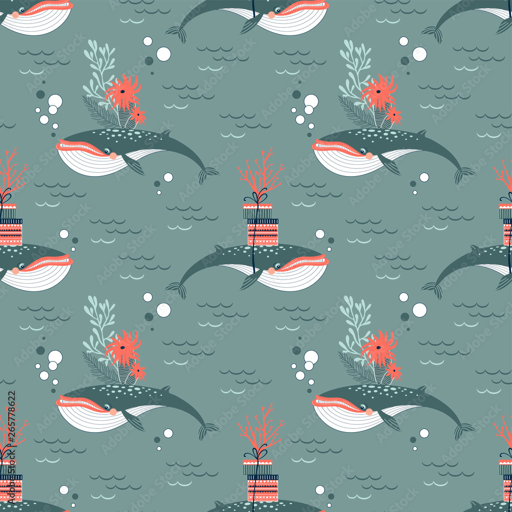 Fancy Christmas Whale caring gift boxes and corals on his back flat ...