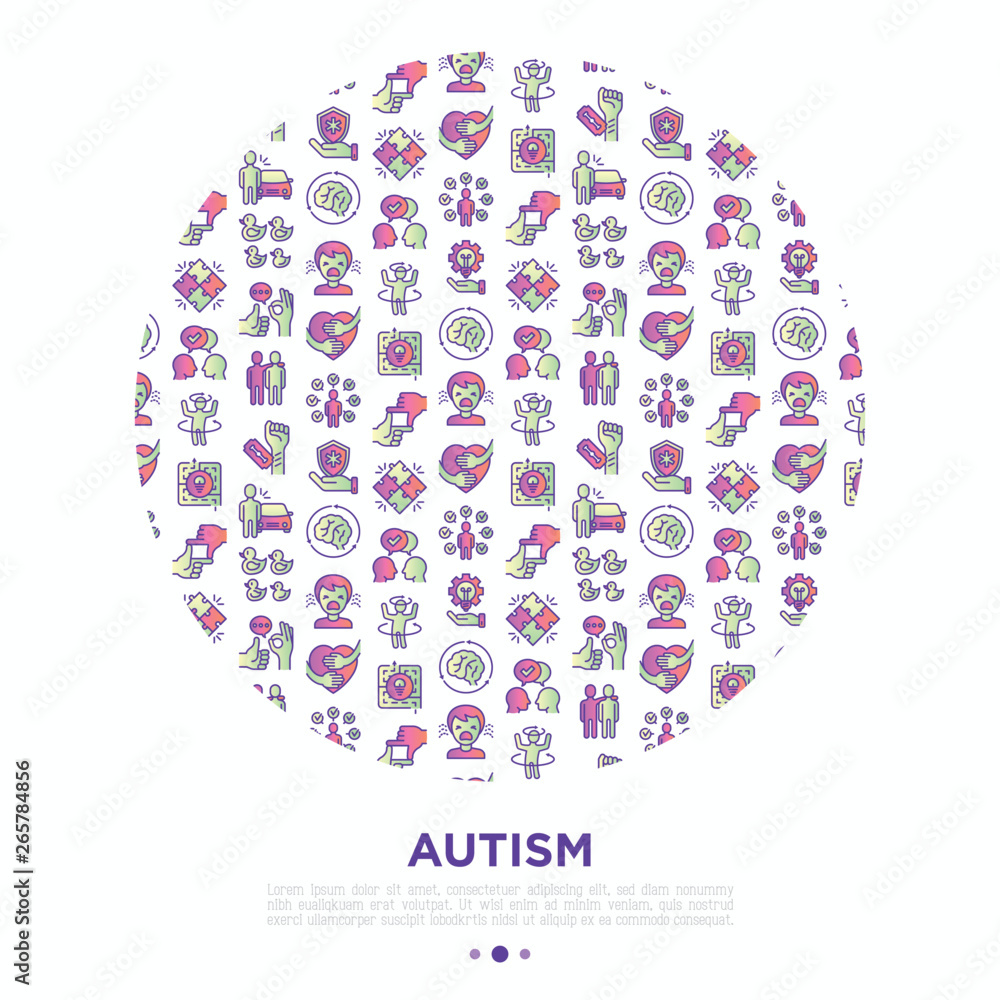 Autism concept in circle, symptoms and adaptive skills thin line icons ...