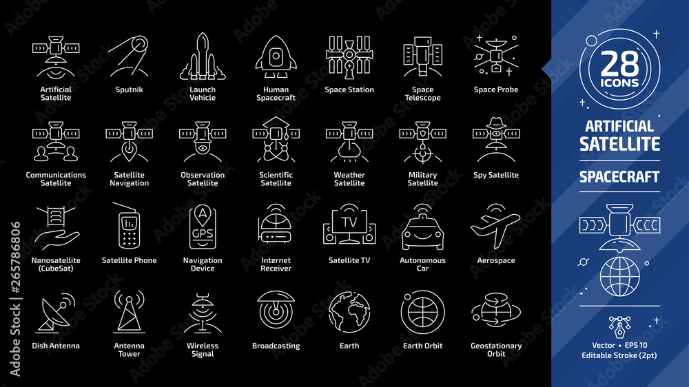 Satellite editable stroke outline icon set on a black background with ...