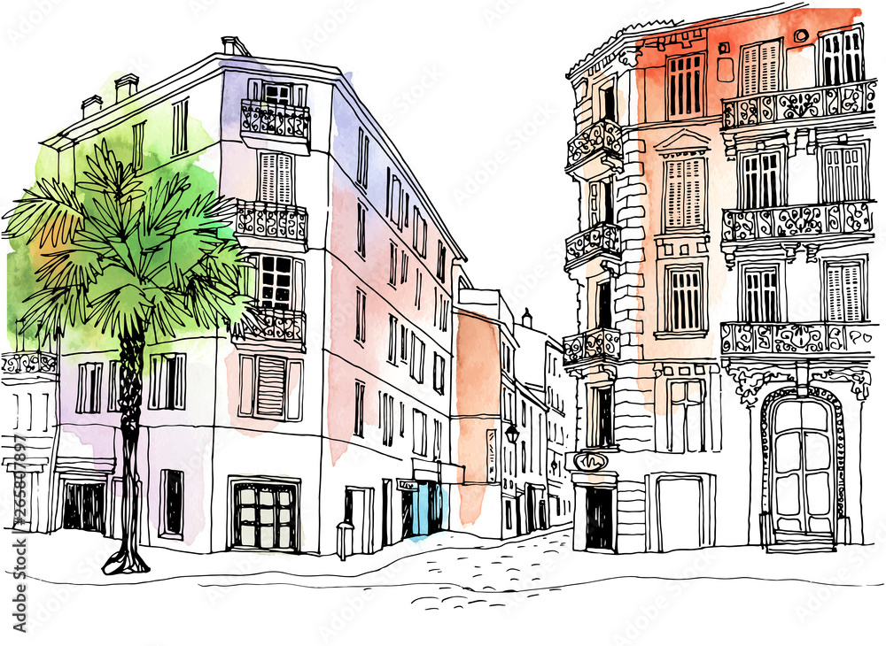 Old town street in hand drawn sketch style. Provence, France, Vector ...