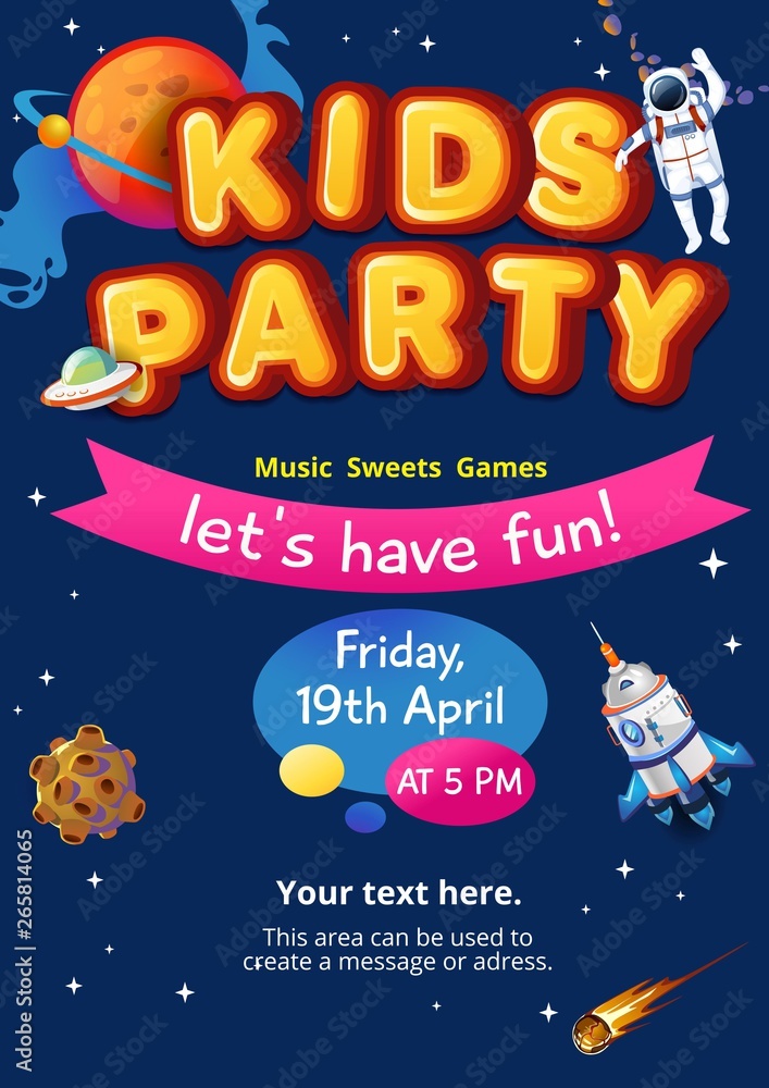 Kids party template design with cosmic elements. Vector party ...