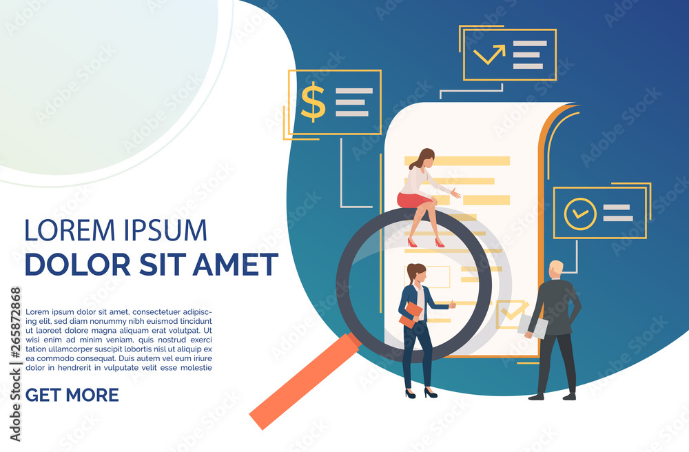 People examining document with loupe. Agreement, scrutiny, exploration ...
