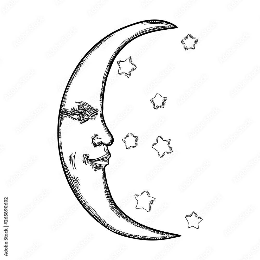 Hand drawn sketch of crescent moon human like face or anthropomorphic ...