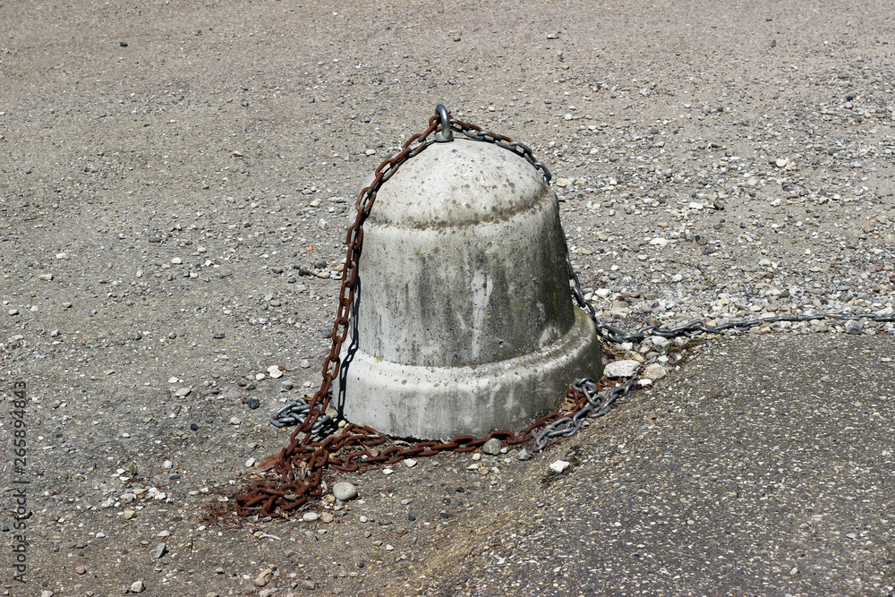 Concrete bell shaped parking bollard with chain street pavement ...