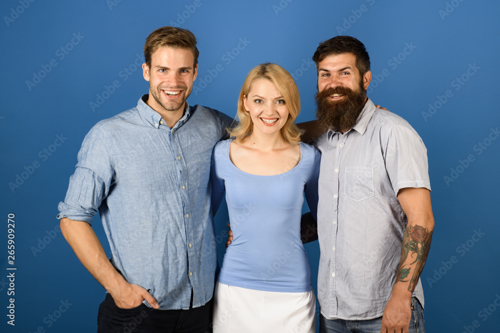 Free relations. Friendly relations. Girl and guys happy together. Woman ...