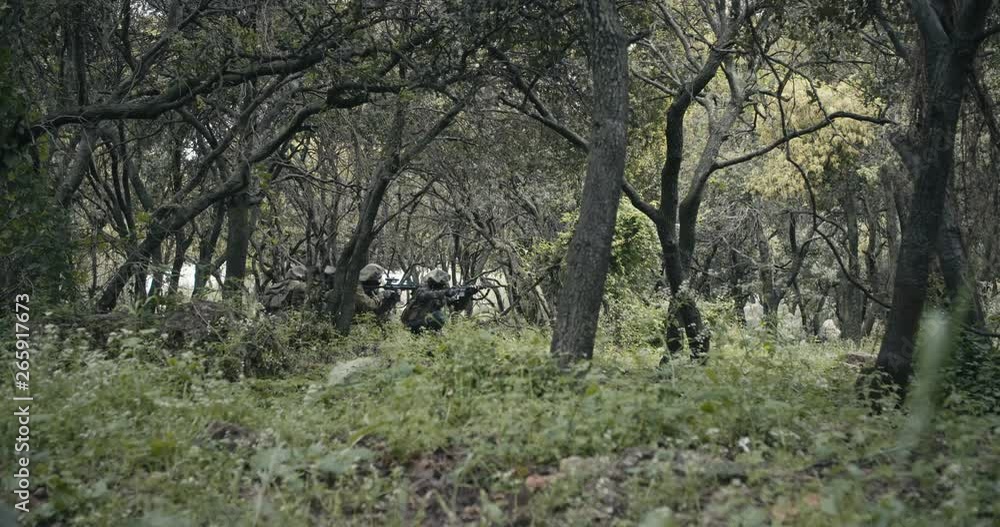 Squad of fully armed commando soldiers during combat in a forest ...