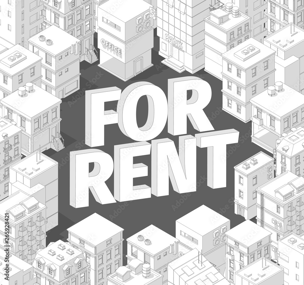 For rent. Words in city buildings. Isometric top view. Gray lines ...