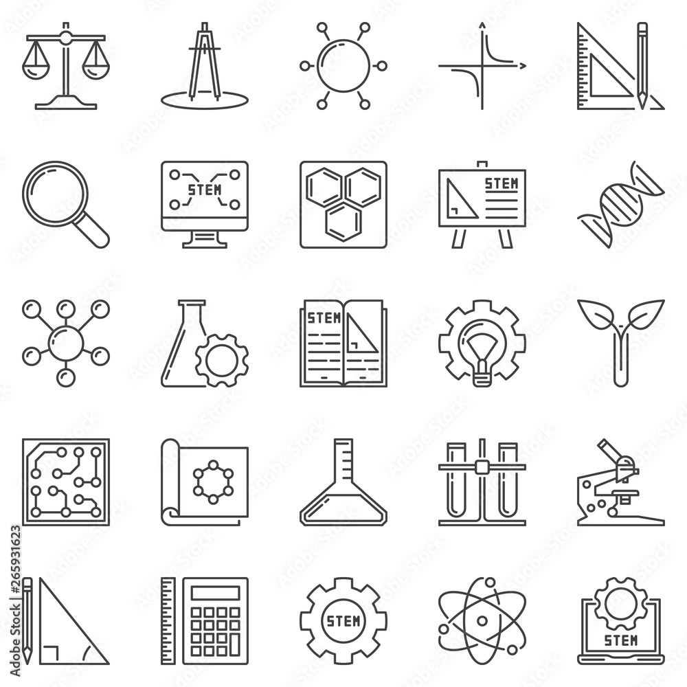 STEM outline icons set. Vector Science, Technology, Engineering and ...