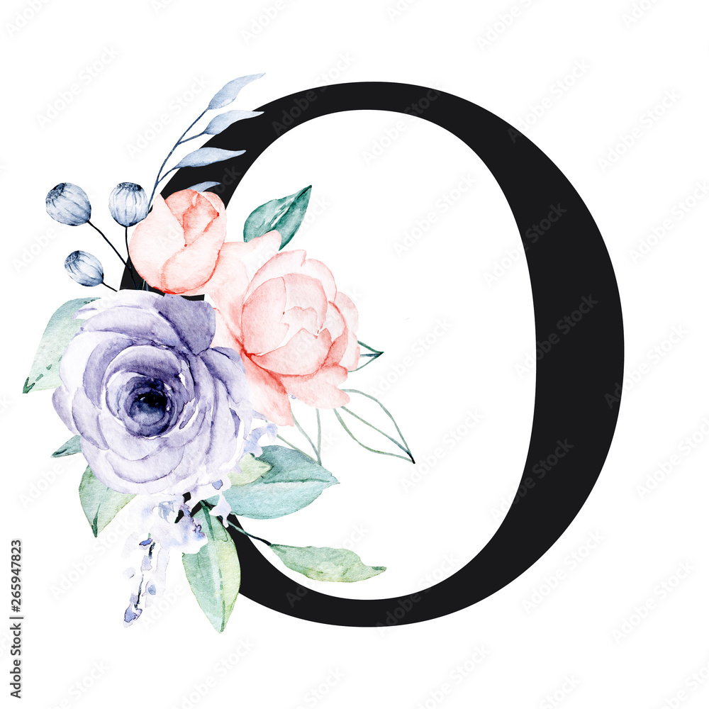 Floral alphabet, letter O with watercolor flowers and leaf. Black ...