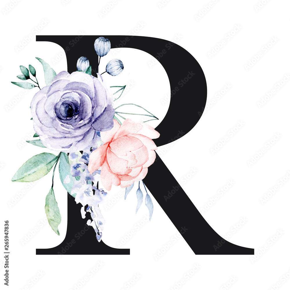 Floral alphabet, letter R with watercolor flowers and leaf. Black ...