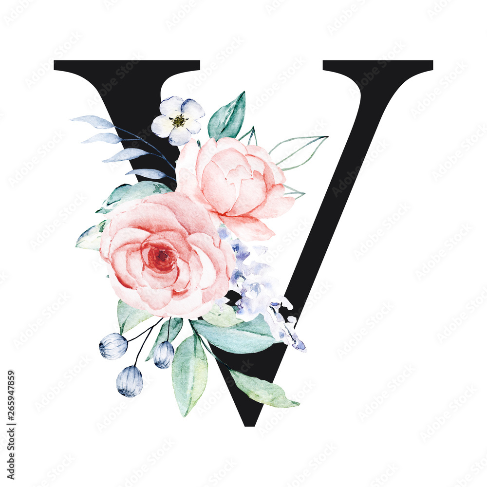 Floral alphabet, letter V with watercolor flowers and leaf. Black ...