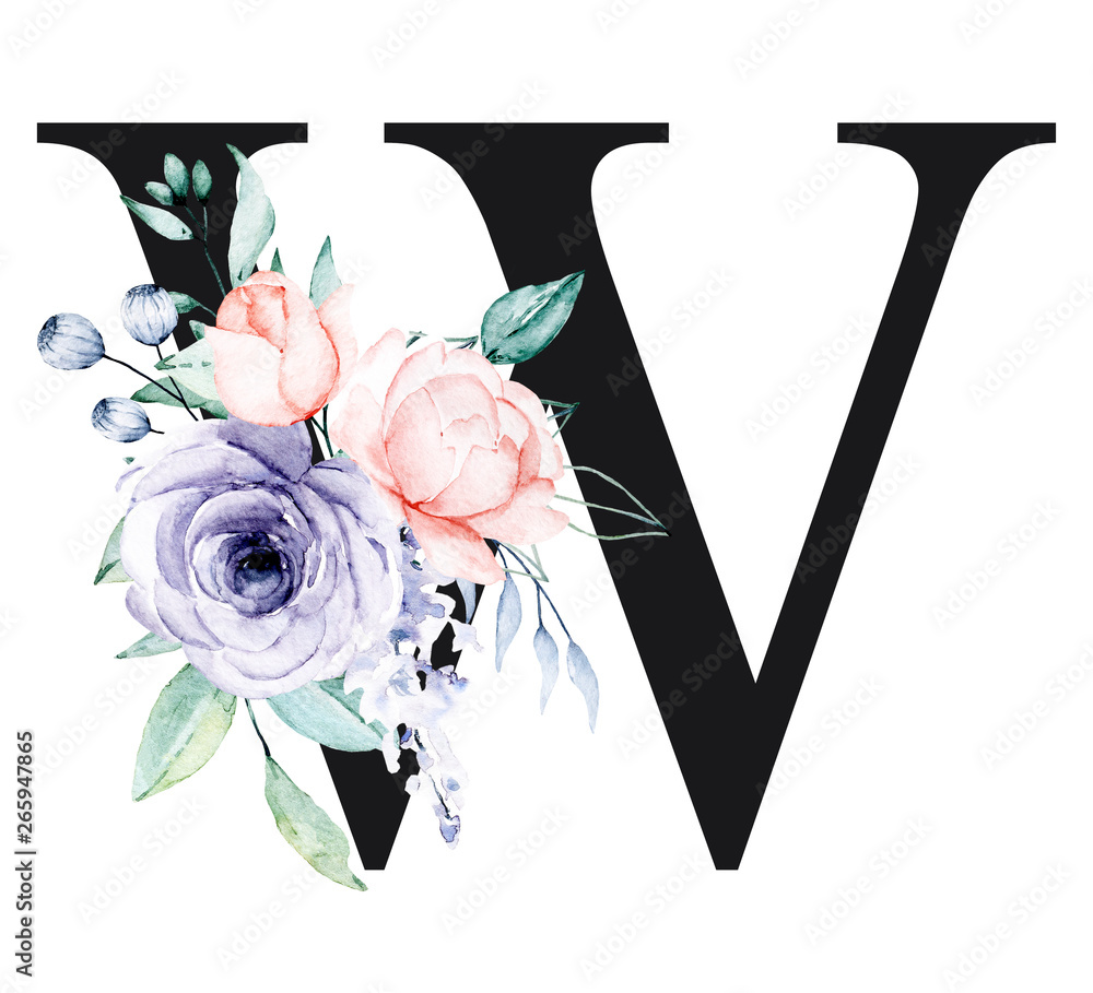 Floral alphabet, letter W with watercolor flowers and leaf. Black ...