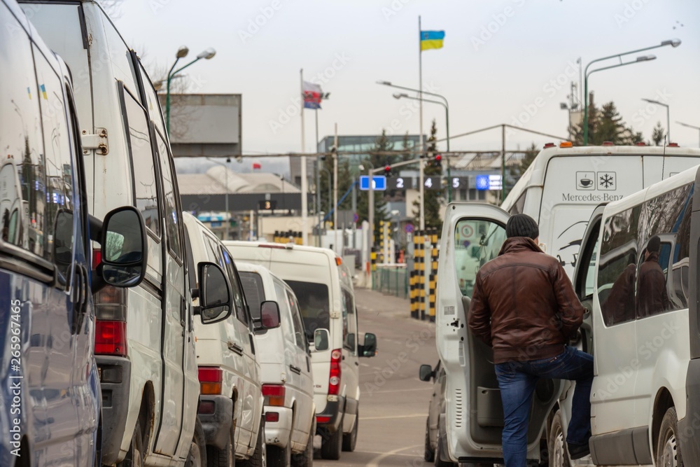SHEGINI, UKRAINE - March, 2019: Traffic jam at the Shegini-Medyka ...
