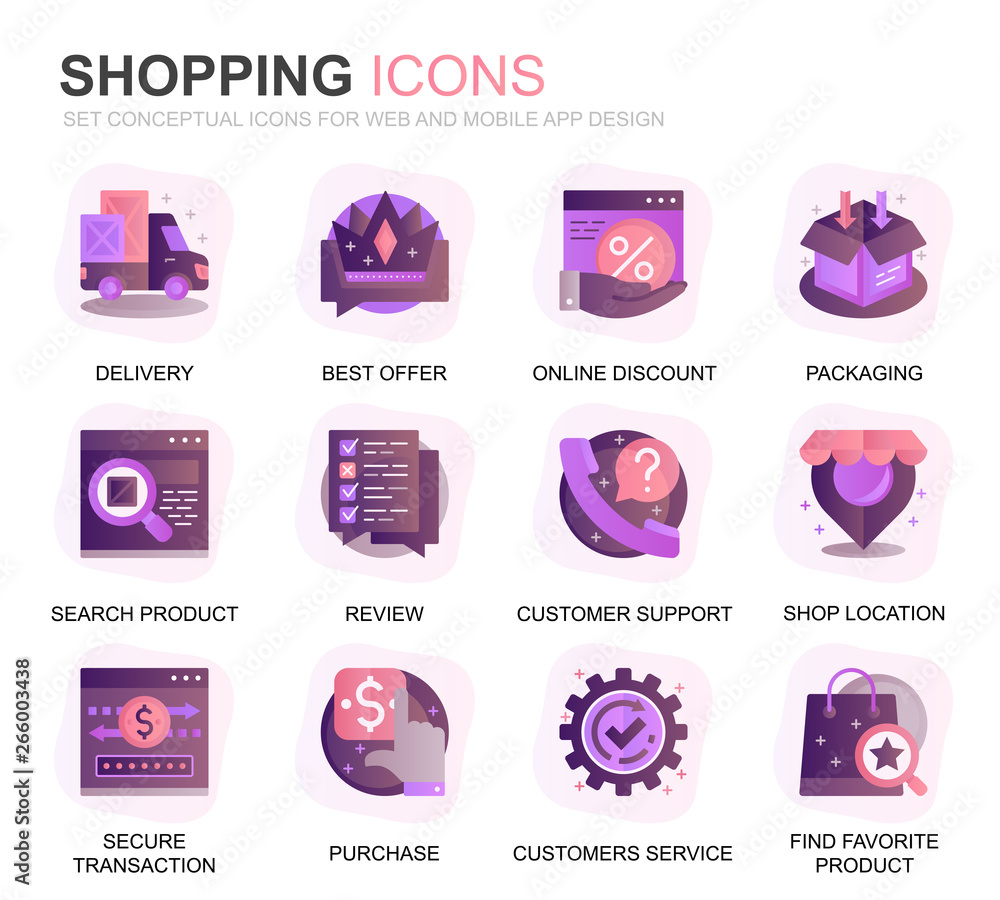 Modern Set Shopping and E-Commerce Gradient Flat Icons for Website and ...