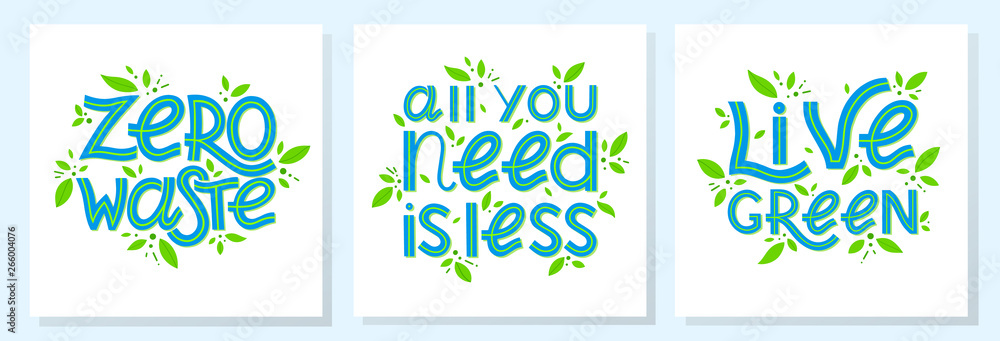 Set of zero waste vector lettering.Ink brush inscription.Eco friendly ...