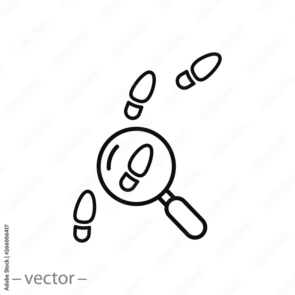 investigate icon, footprints under magnifying glass, line sign on white background - editable ...