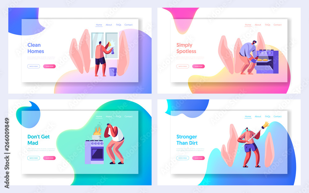 Man at Household Activities Website Landing Page Templates Set. Male ...