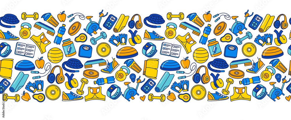 Sport, fitness, functional training background seamless doodle border ...