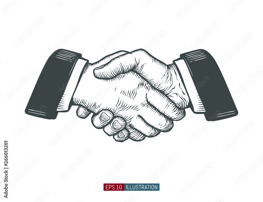 Hand drawn handshake. Template for your design works. Engraving style ...