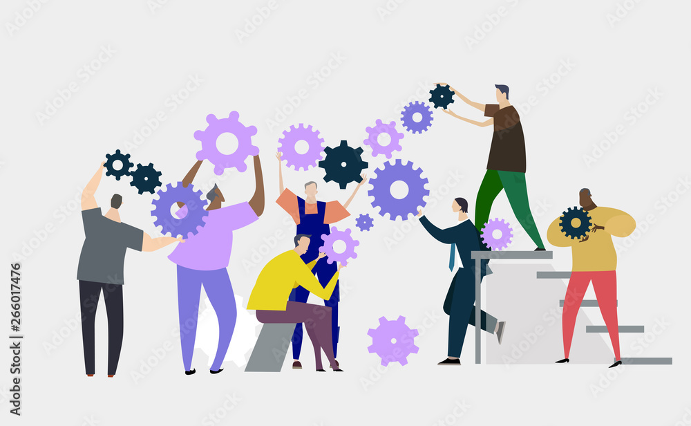 Group of people rolling the gears, representing working together ...
