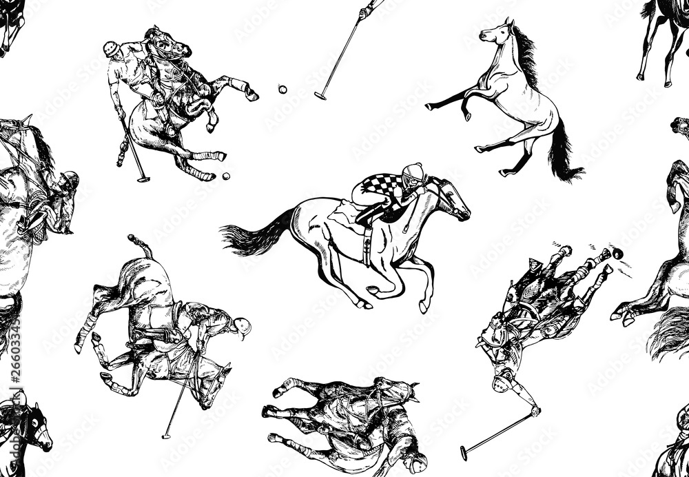 Seamless pattern of hand drawn sketch style abstract polo players ...