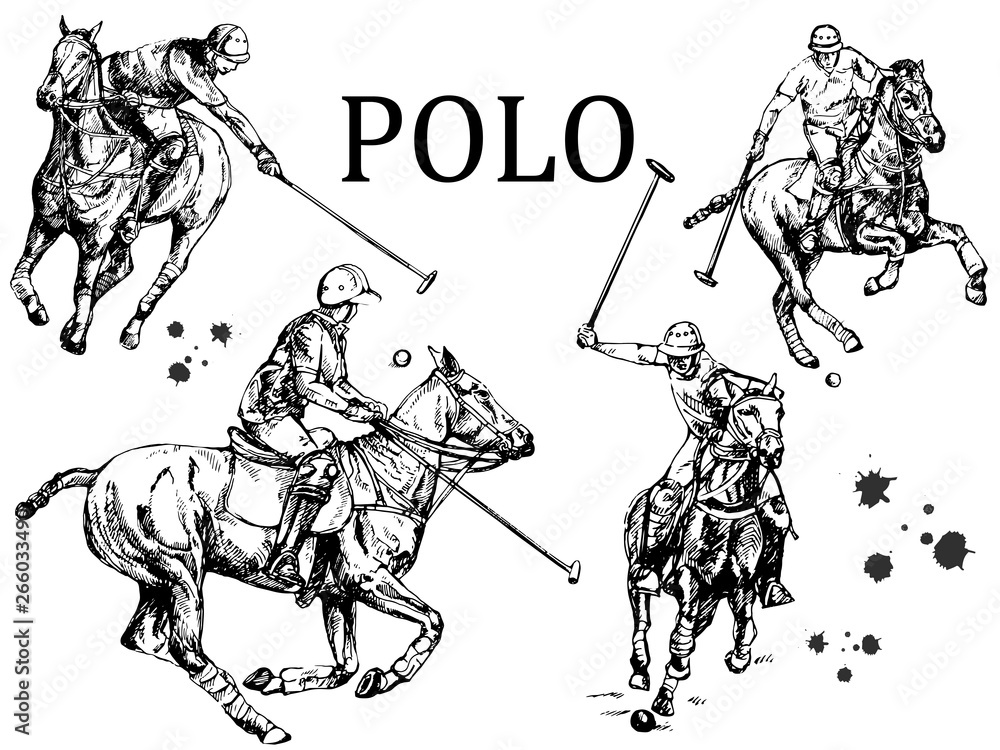 Set of hand drawn sketch style abstract polo players isolated on white ...