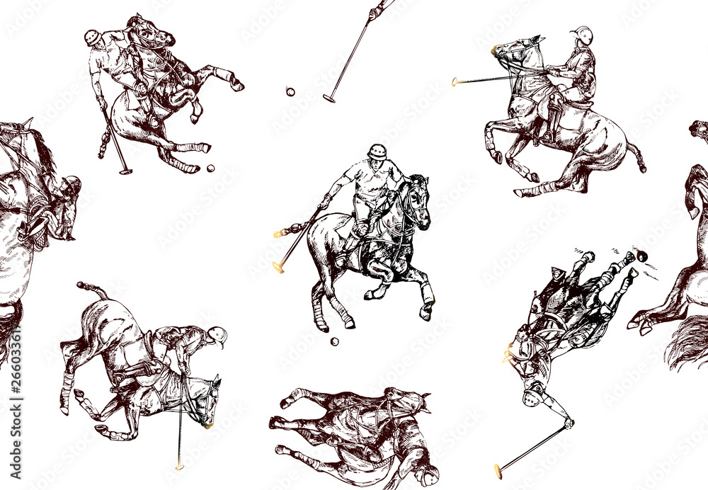 Seamless pattern of hand drawn sketch style abstract polo players ...