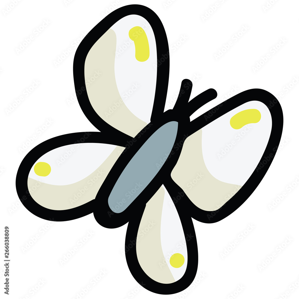 Cute white butterfly cartoon vector illustration motif set. Hand drawn ...