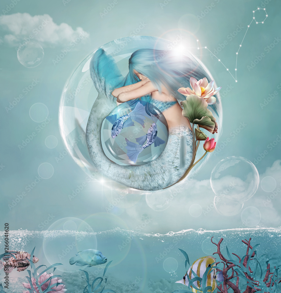 Zodiac series - Pisces as a beautiful mermaid in a bubble - 3D ...