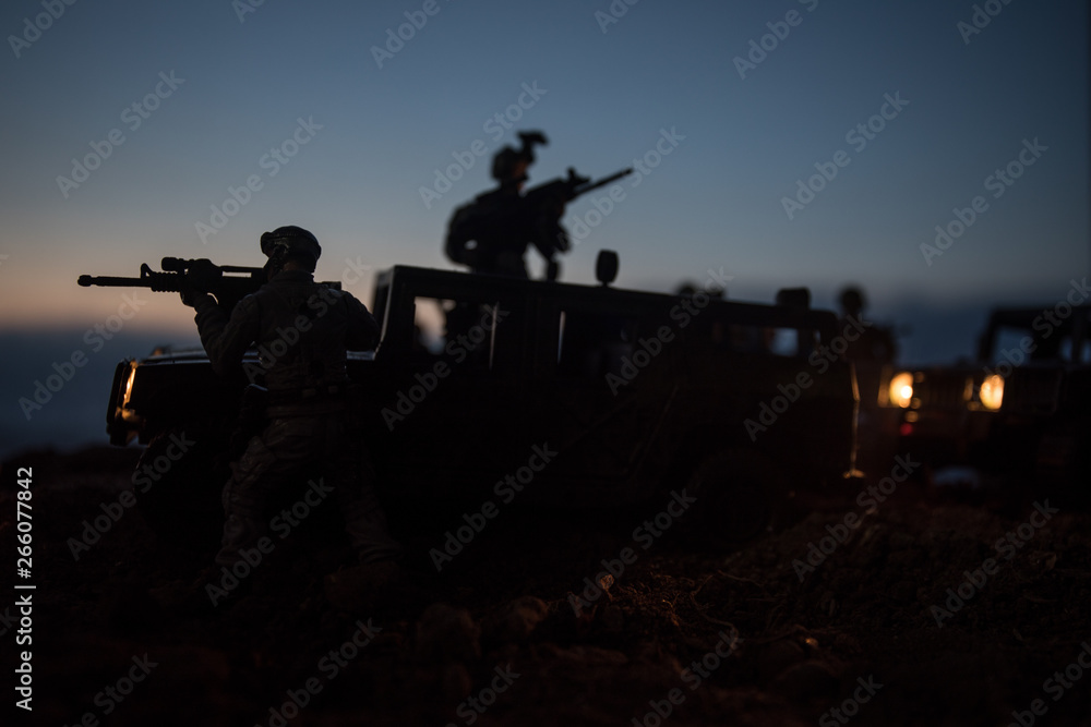 War Concept. Military silhouettes fighting scene on war fog sky ...