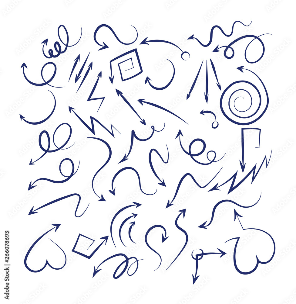 Doodle arrows set. Sketch swirly arrows black hand drawn curved pointer ...