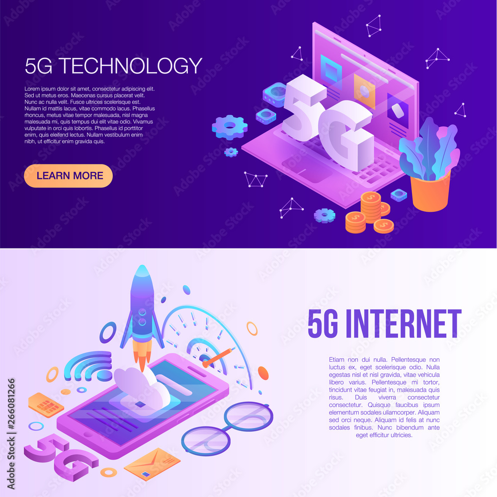 5G technology banner set. Isometric set of 5G technology vector banner ...