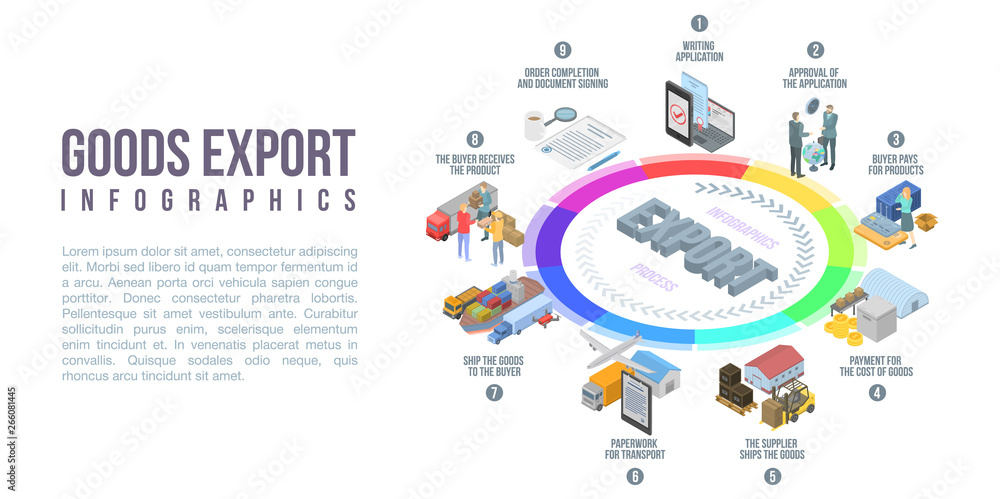 Goods export infographic. Isometric of goods export vector infographic ...