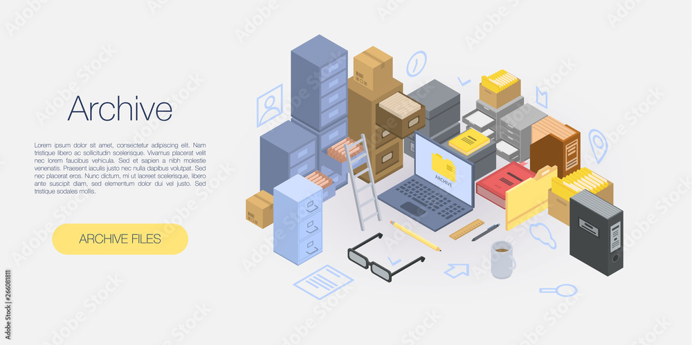 Office archive concept banner. Isometric illustration of office archive ...