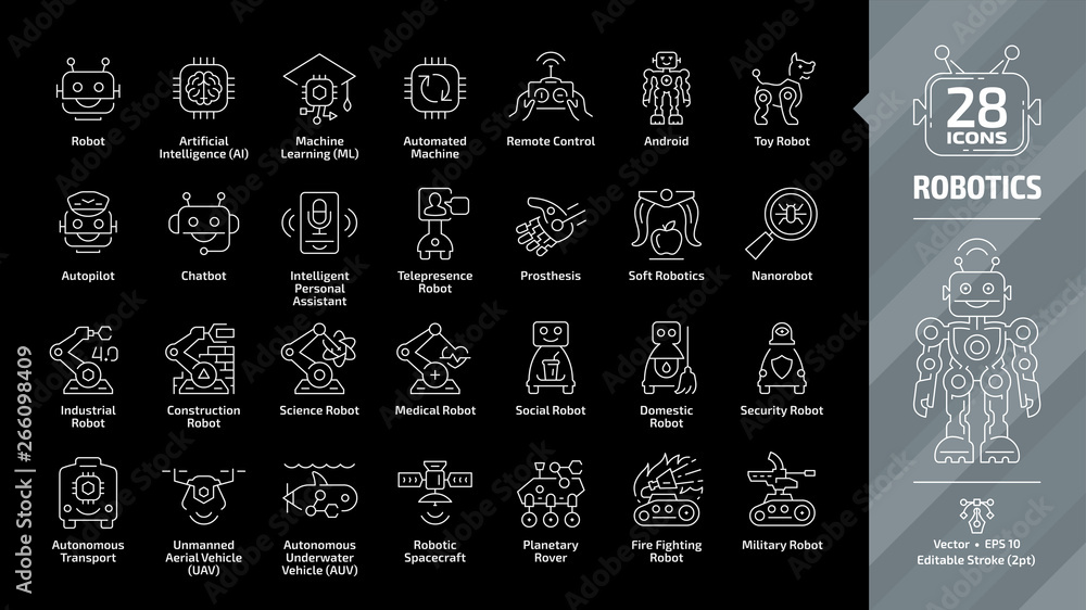 Robotics industry editable stroke outline icon set on a black ...