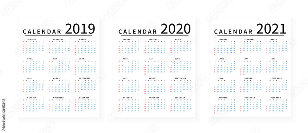 Mockup Simple calendar Layout for 2019, 2020 and 2021 years. Week ...