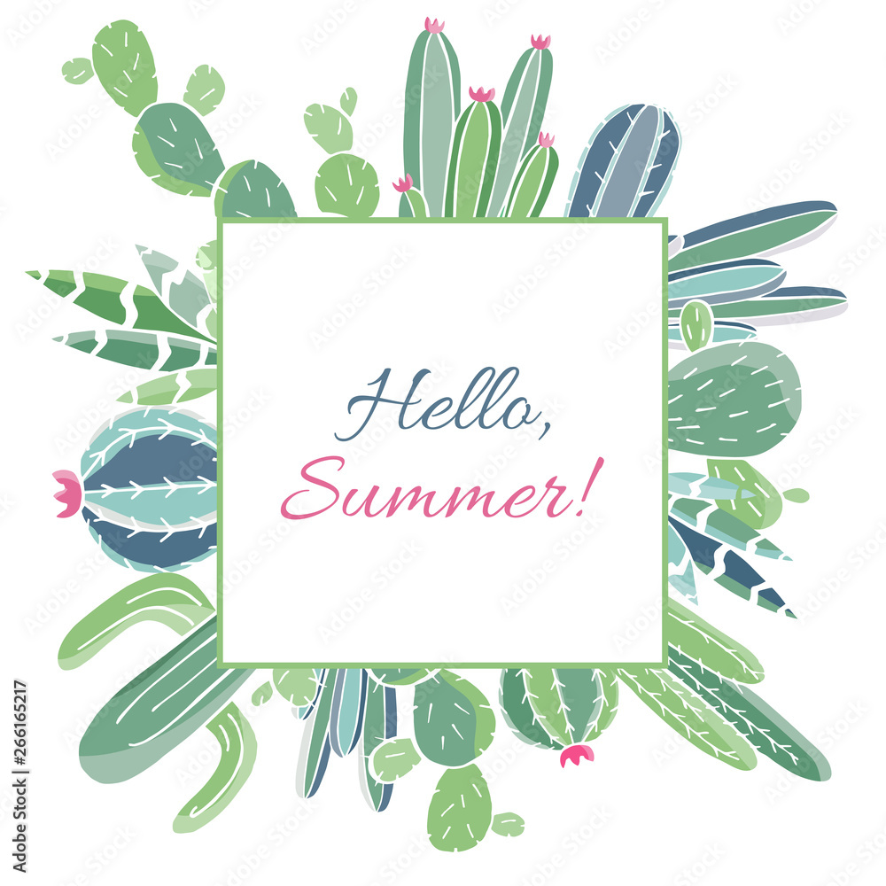 Vector image of green cacti frame and an inscription Hello Summer. Hand ...