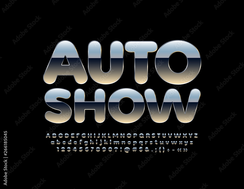 Vector metallic emblem Auto Show with reflective Font. Chrome Alphabet ...