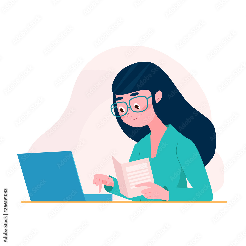 Woman In Cartoon Flat Style Sit At The Table With Document Using woman-in-cartoon-flat-style-sit-at-the-table-with-document-using