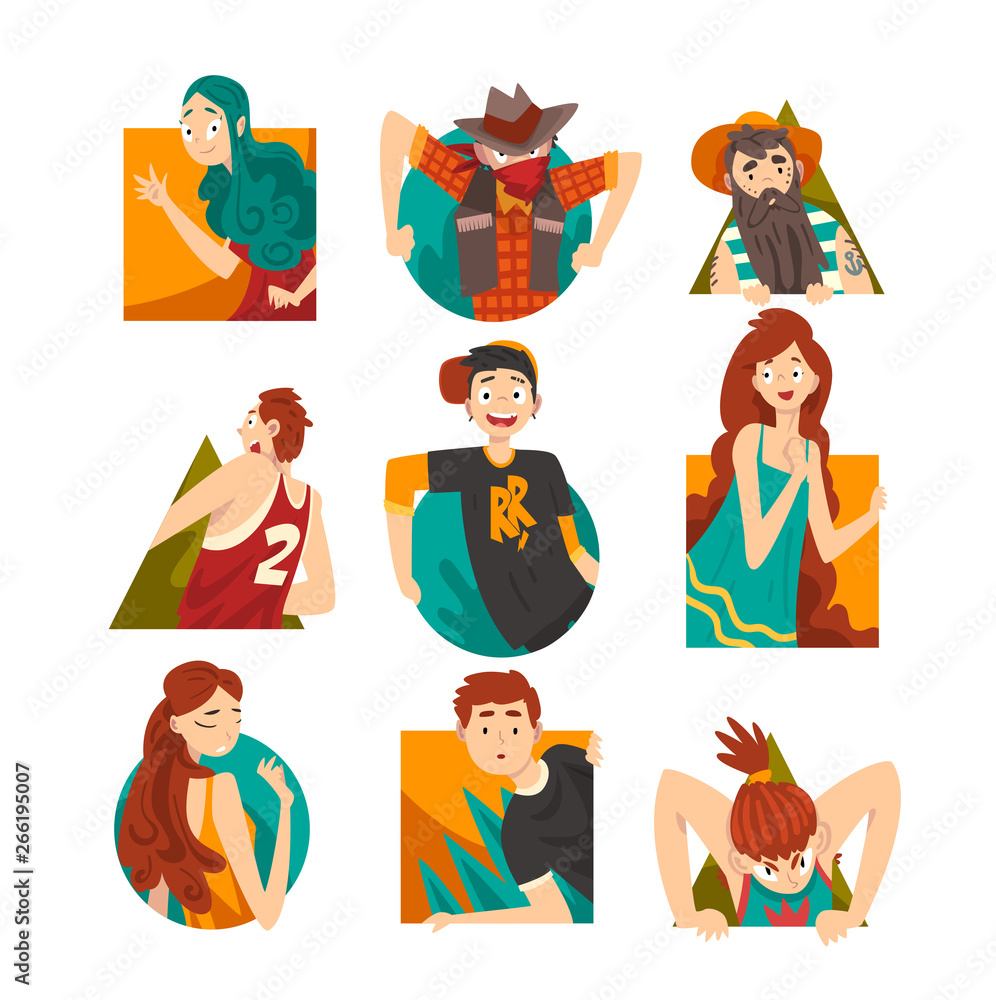Collection of Cheerful People Looking Out Geometric Shapes Cartoon ...