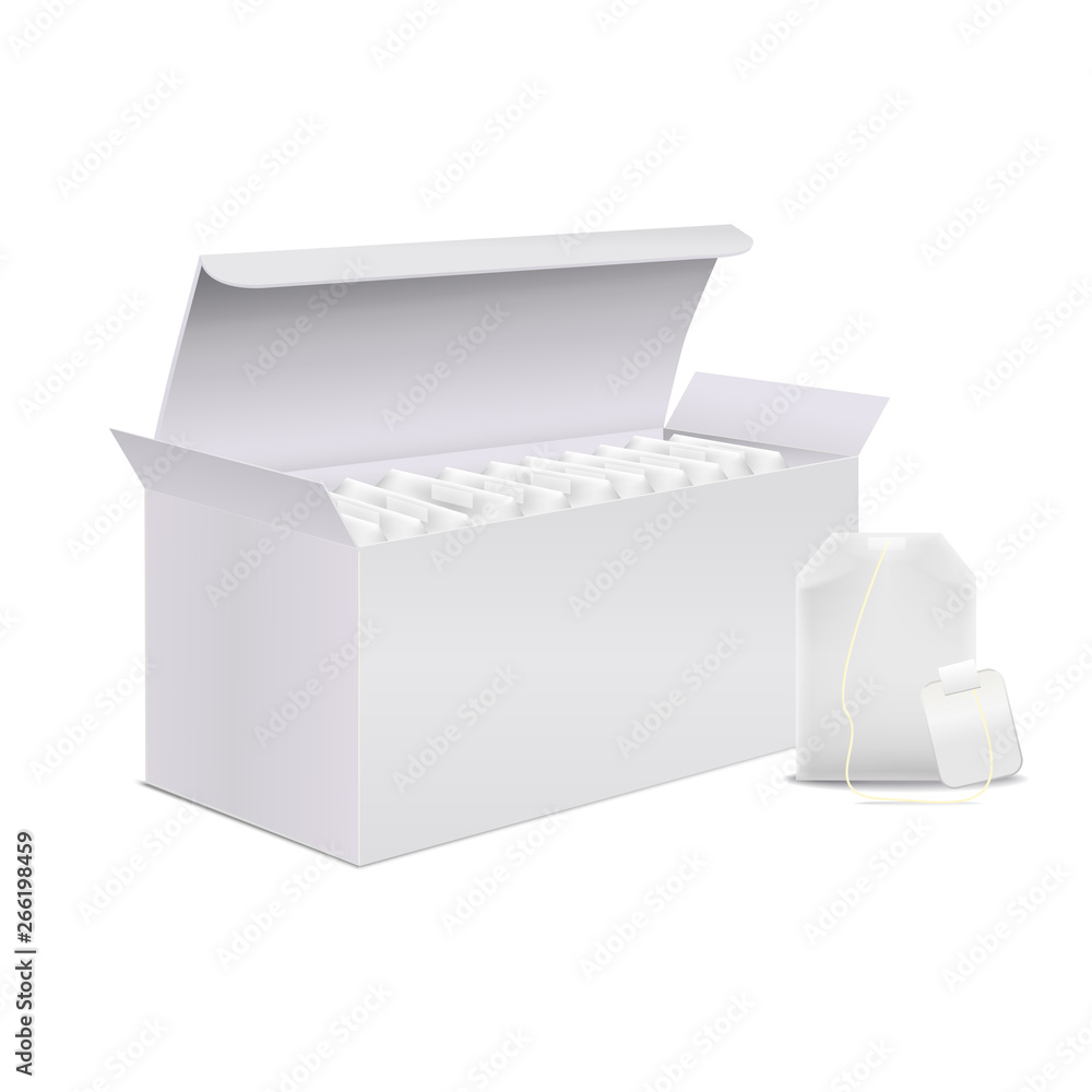 Realistic Detailed 3d White Blank Tea Box and Teabag Template Mockup ...