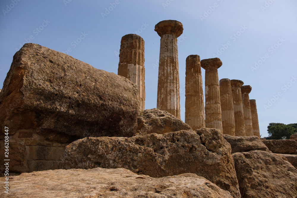 Detail of collapsed colonnade of an ancient greek temple in Agrigento ...