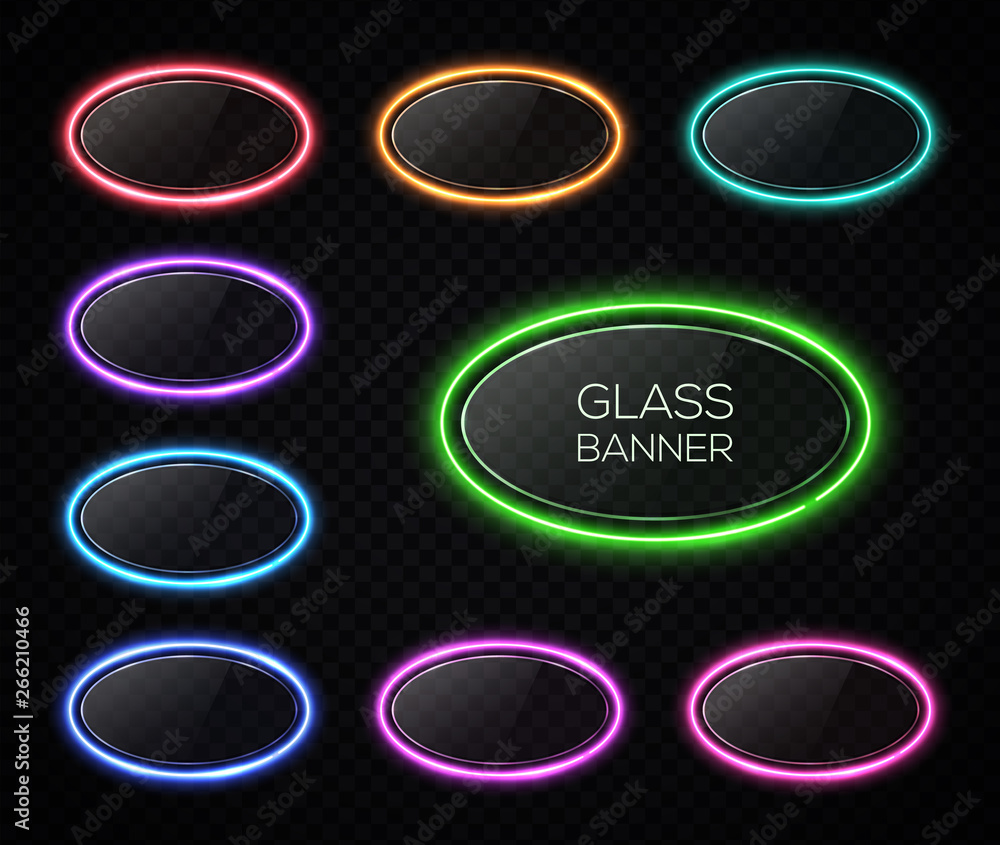 Colorful oval neon lights banner design set. Glowing electric ...