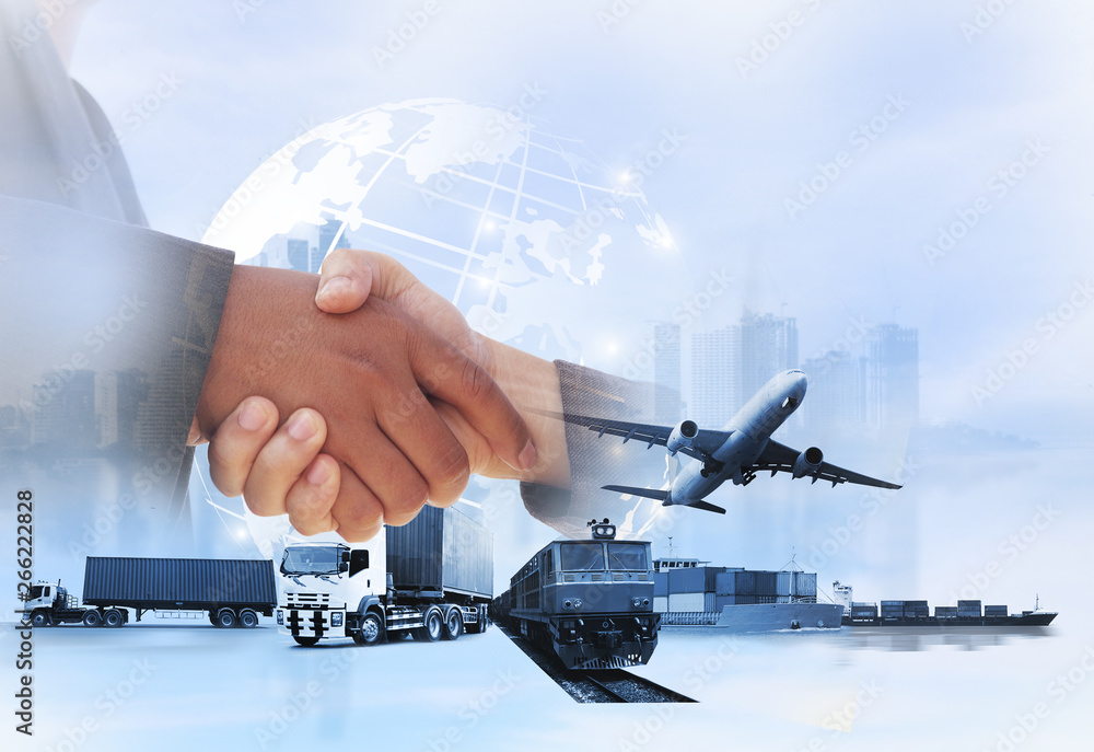 Double exposure of man with world map for logistic network distribution ...