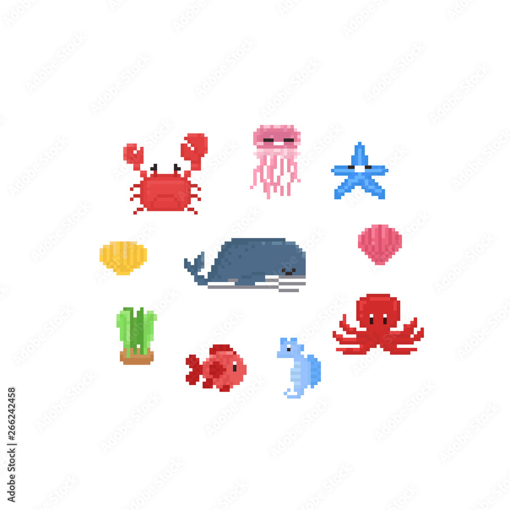 Pixel cartoon sea animals.8bit character set. Stock Vector | Adobe Stock
