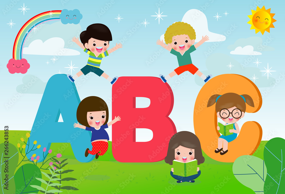 cartoon children with ABC letters, School kids with ABC, children with ...