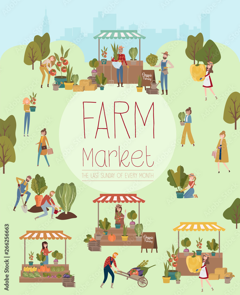 Farmer's market poster with people selling and shopping at walking ...