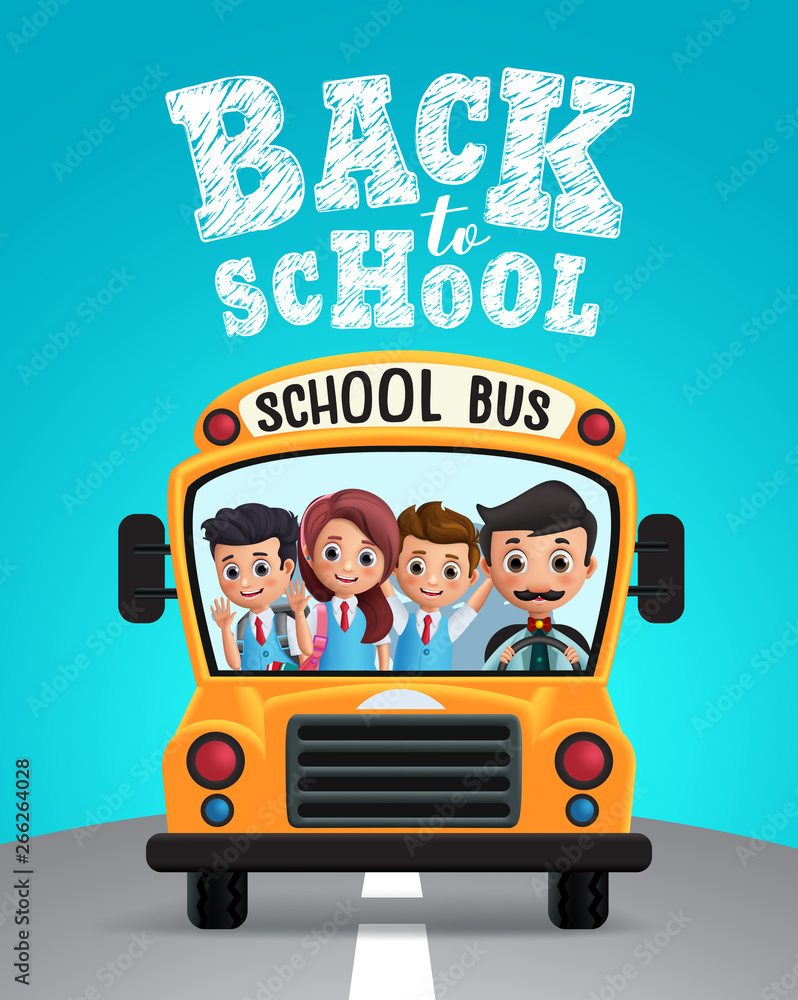Back to school vector design. School bus with school kids students in ...