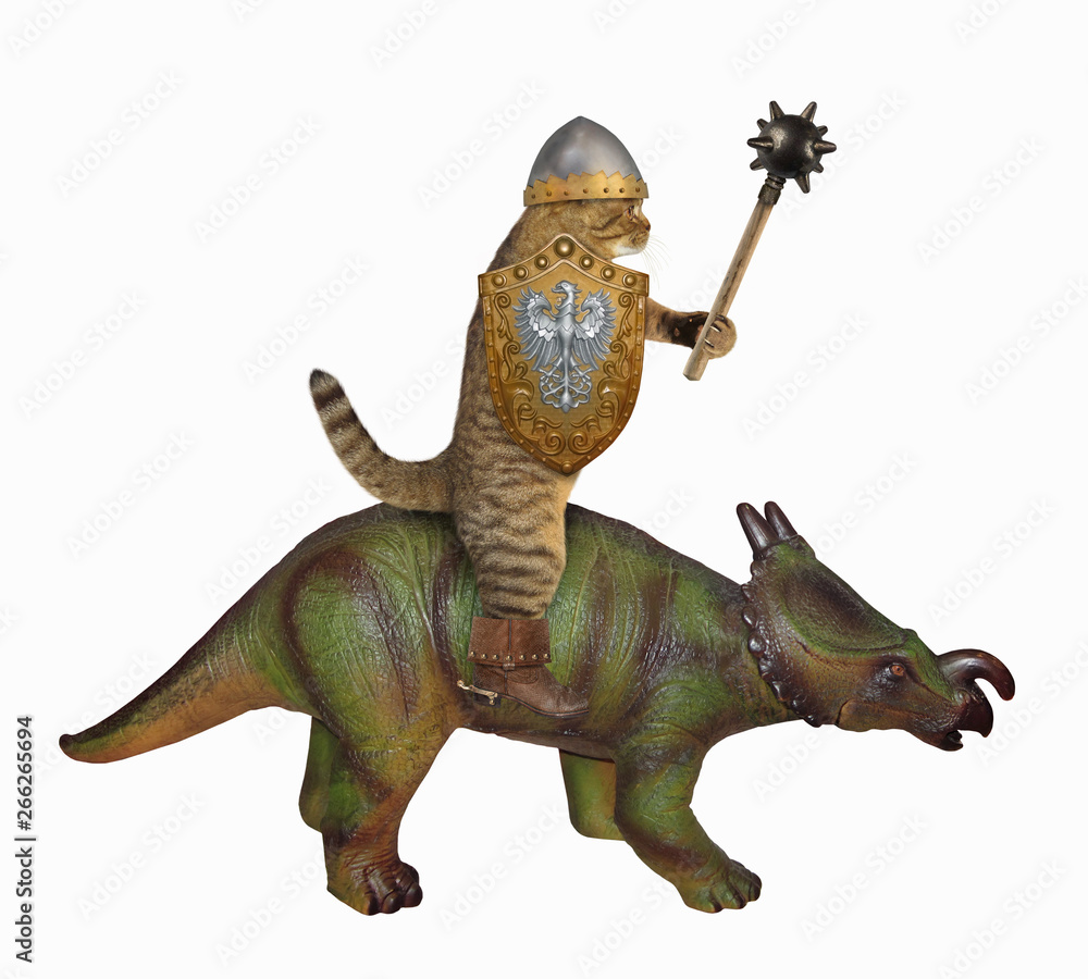 The cat warrior with a spiked mace and a shield is riding a dinosaur ...