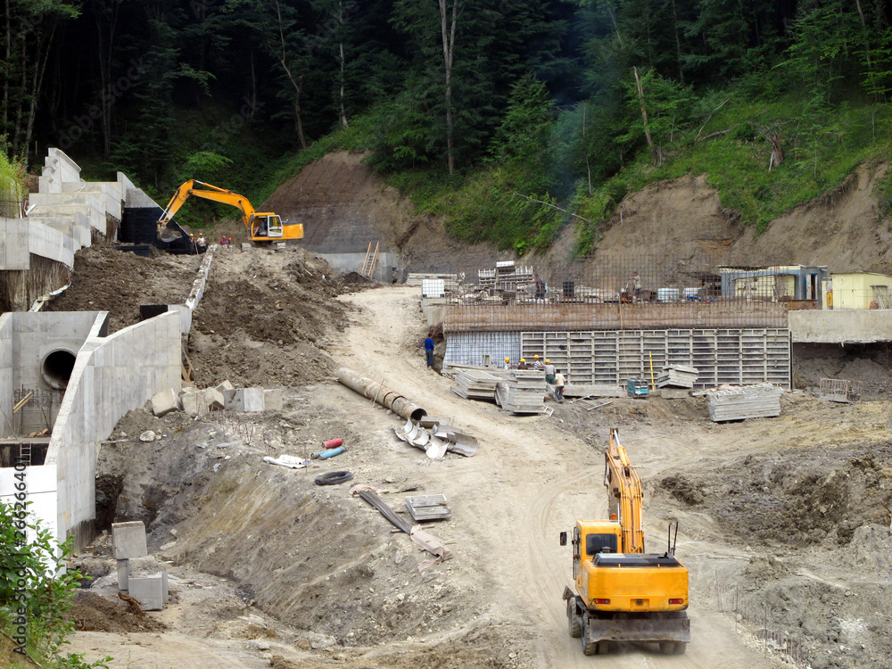 Builders pave the way through the forest. Construction equipment paves ...